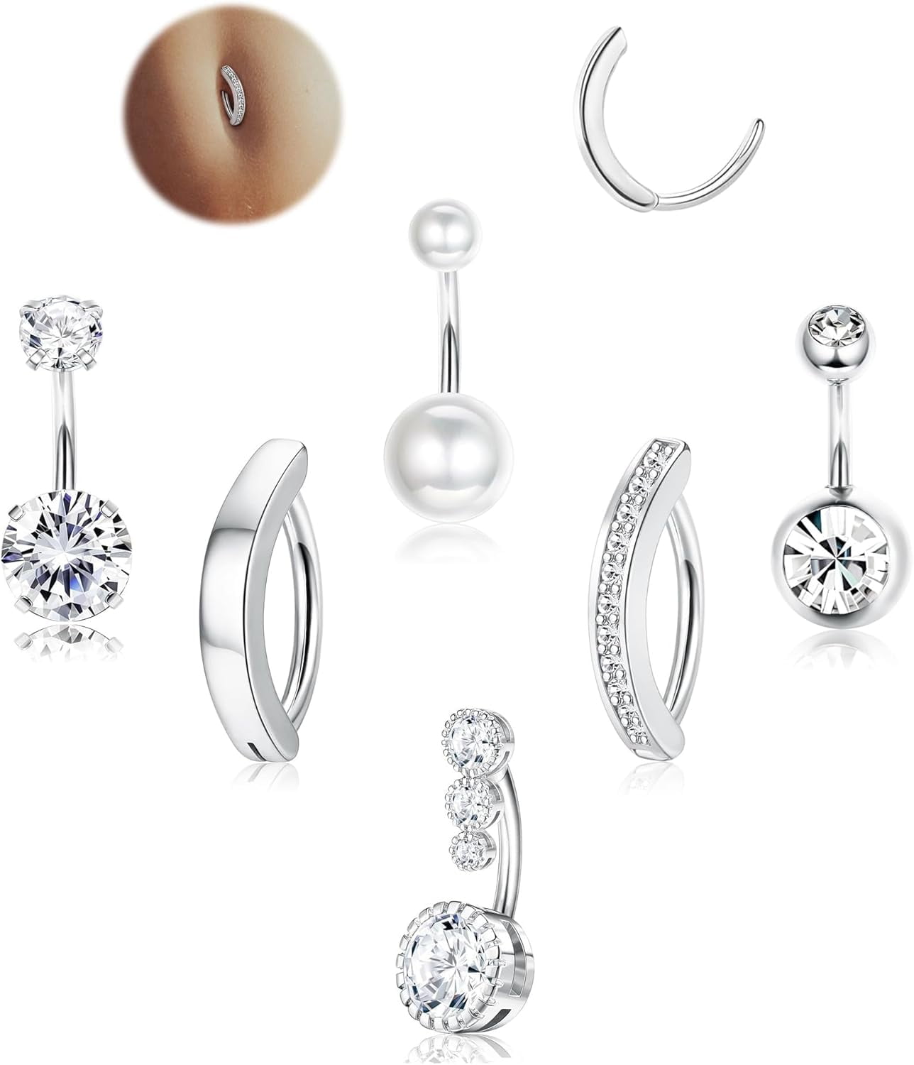 TRAHOO-6Pcs Silver/Gold Plated Belly Button Rings Surgical Stainless Steel Belly Rings CZ ...
