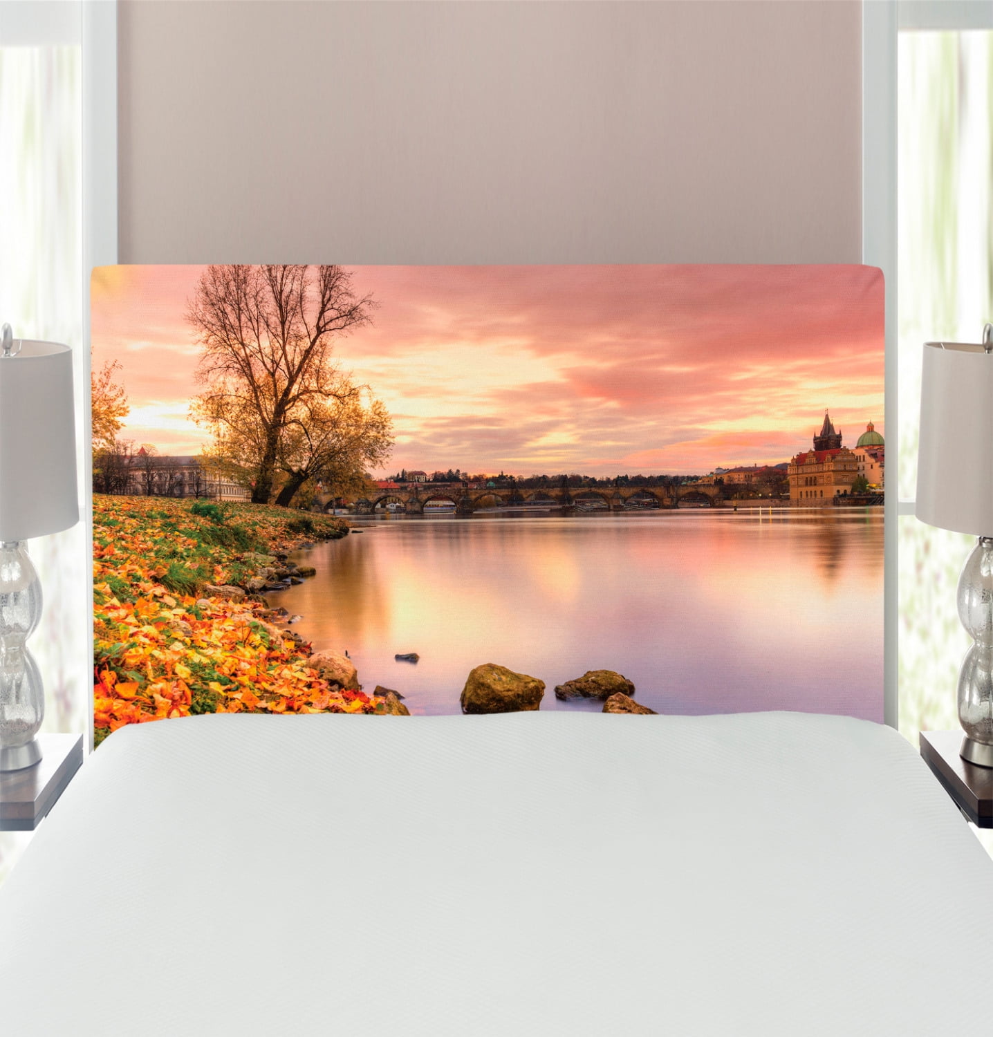 Landscape Headboard, Bohemian Old Town Scenery by the River with Gothic ...