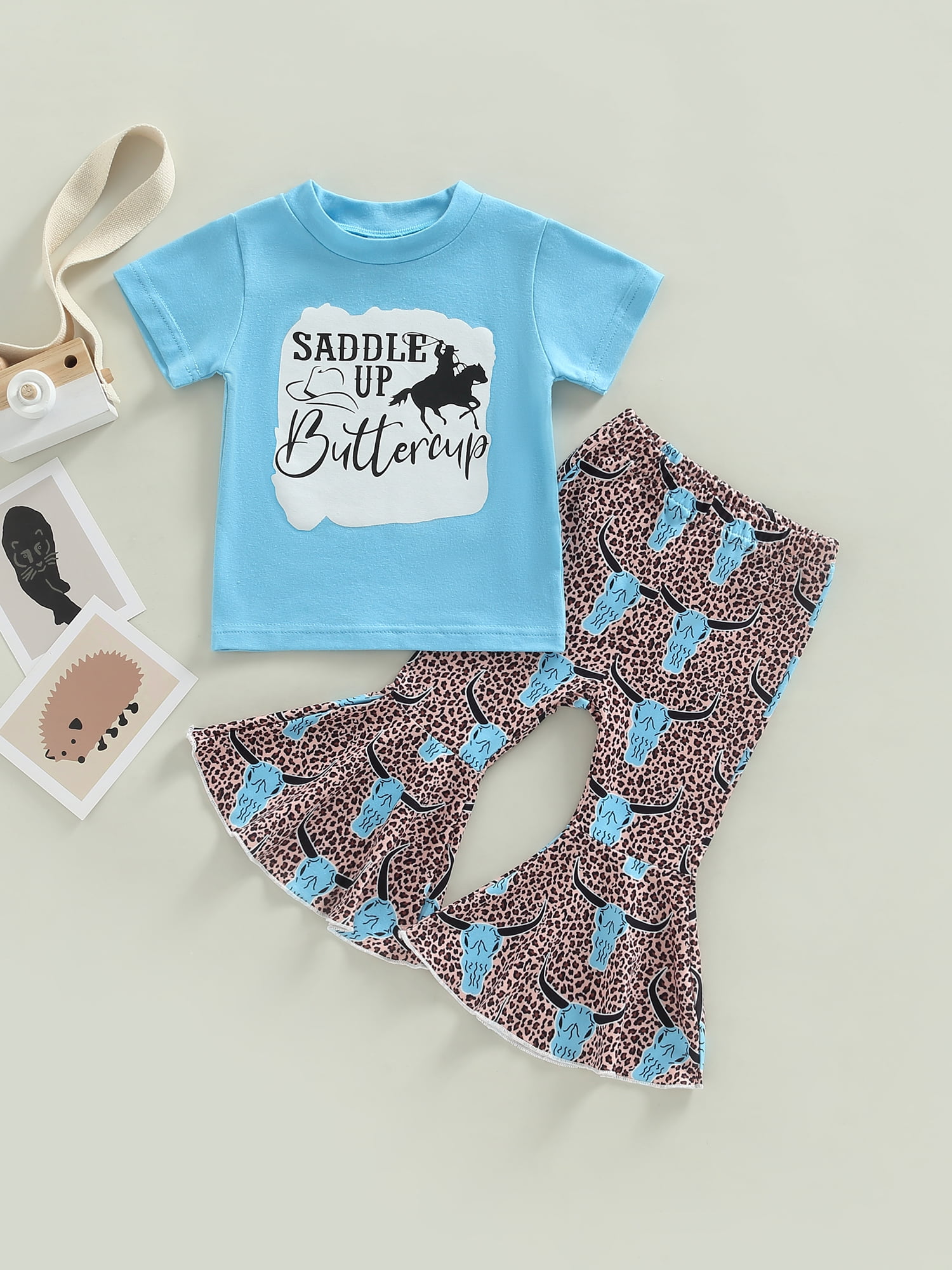 Toddler Kids Baby Girl Western Bell Bottoms Outfits Short Sleeve Cow Print T-Shirt Tops Flare ...