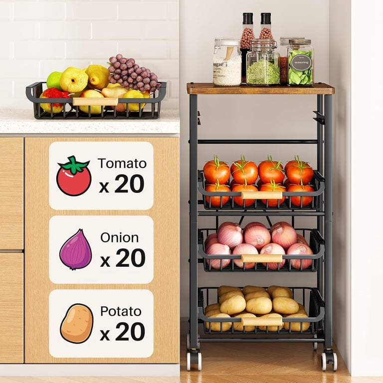 Vegetable Rack For Kitchen Fruit Vegetable Storage Basket With Wooden ...