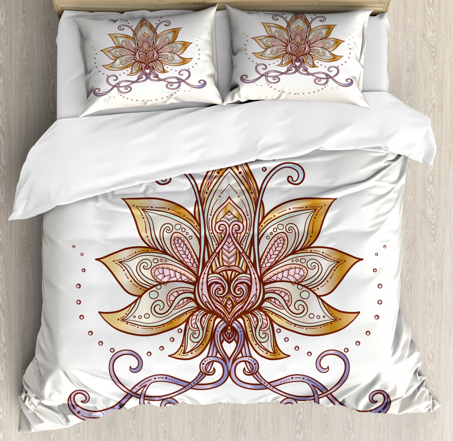 Lotus Duvet Cover Set Queen Size Asian Zen Themed Archaic Flower Motif