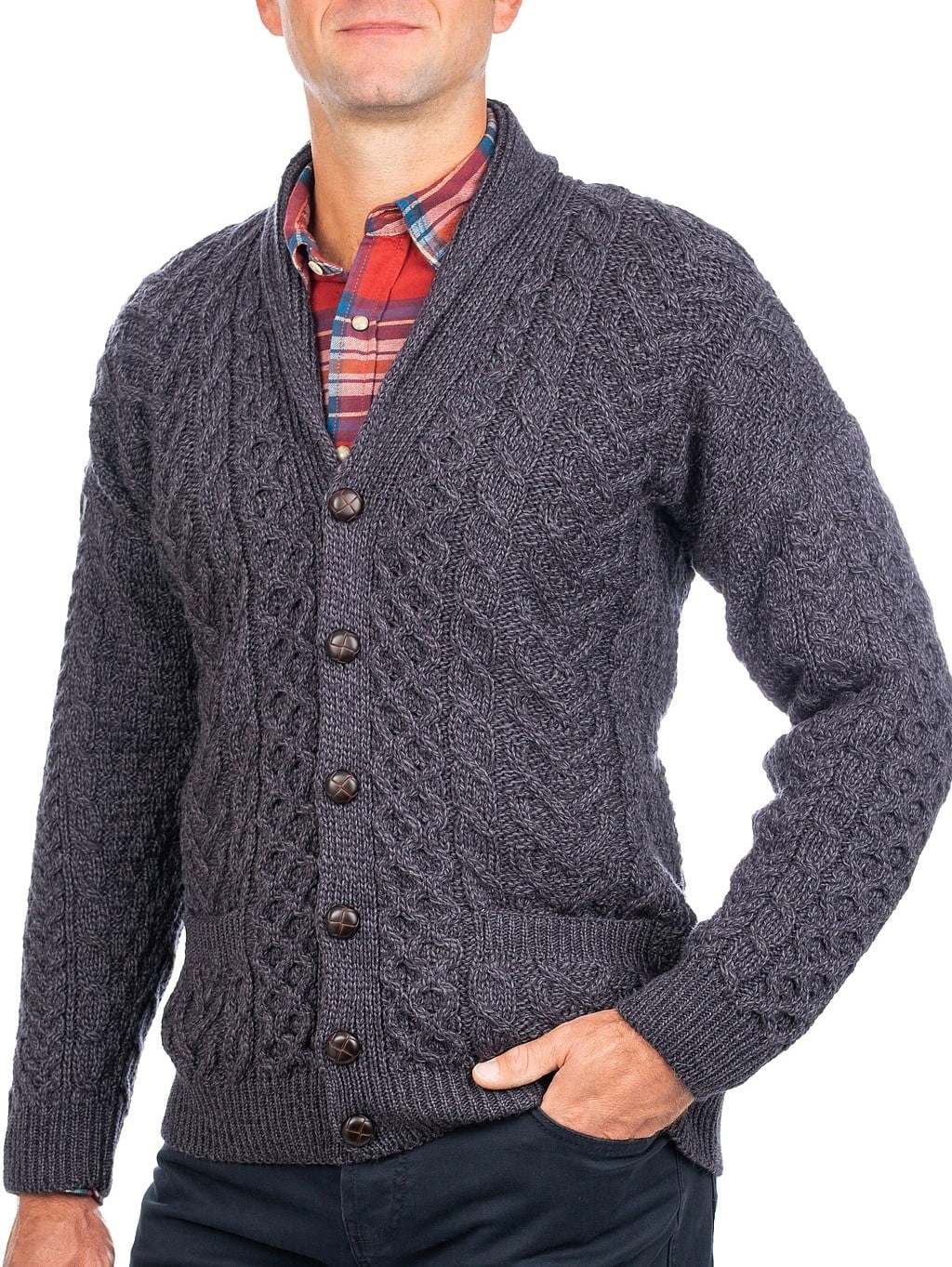 SAOL Aran Shawl Collar Cardigan 100% Premium Merino Wool Sweater Button ...