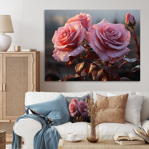 Designart Pink Modern Canvas wall art, Roses Wall Art, Morning Gloss on ...