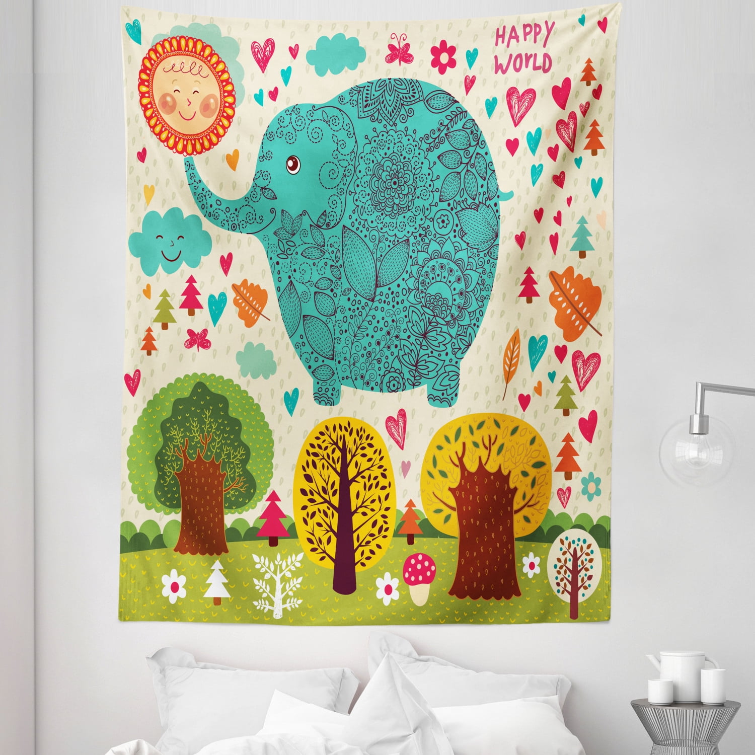 Colorful Tapestry, Illustration Animal Happy World Trees Leaves Hearts ...