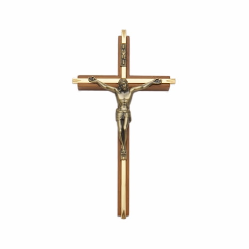 Singer 8 Inch Walnut and Brass Wall Crucifix with Antiqued Gold Pewter ...