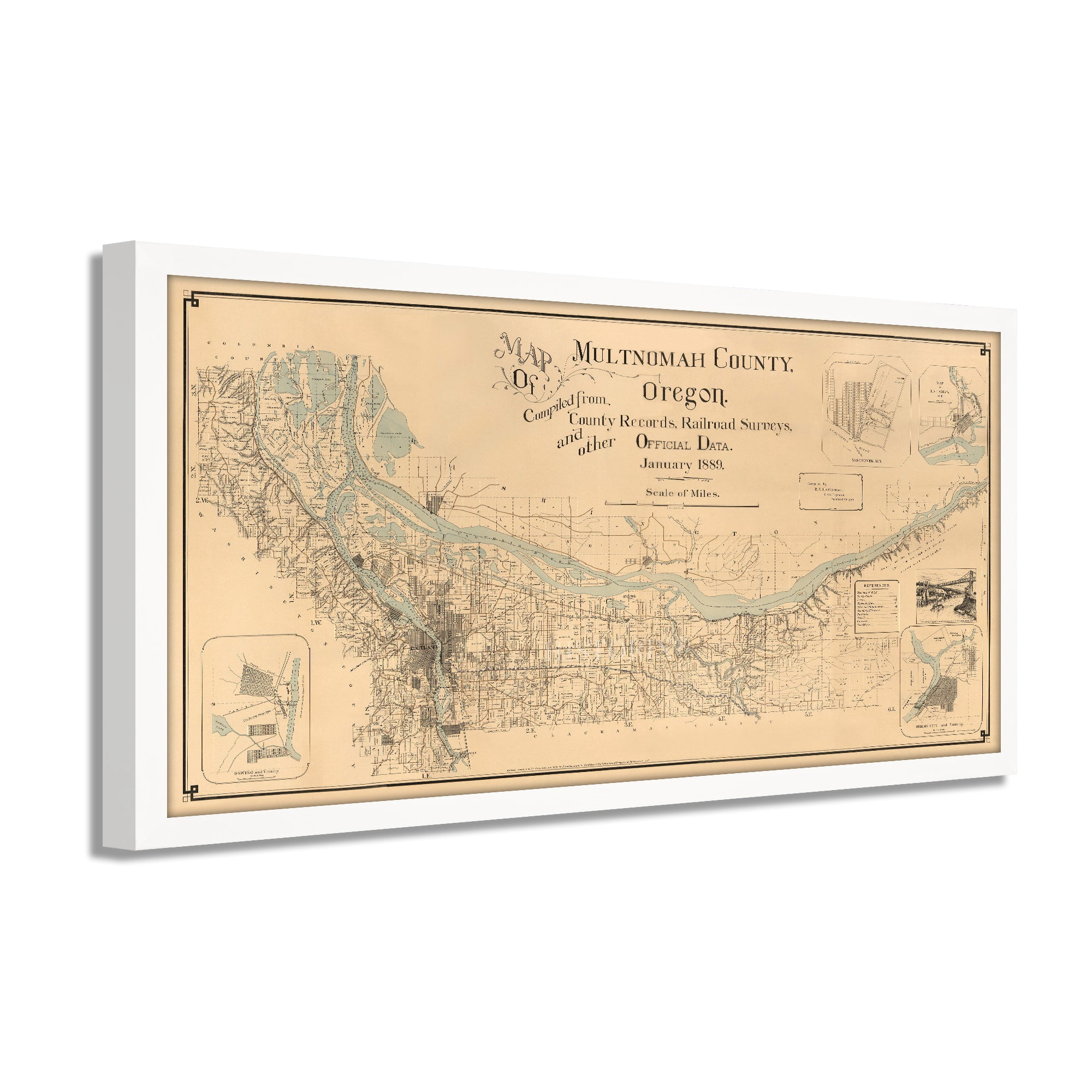 1889 Multnomah County Oregon Map - Framed Vintage Multnomah - Old Map ...
