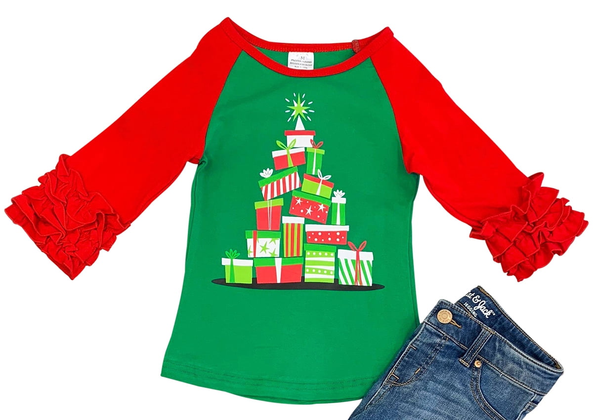 Little Girl Kids Christmas Tree Present Box Holiday Shirt Top Tee T ...