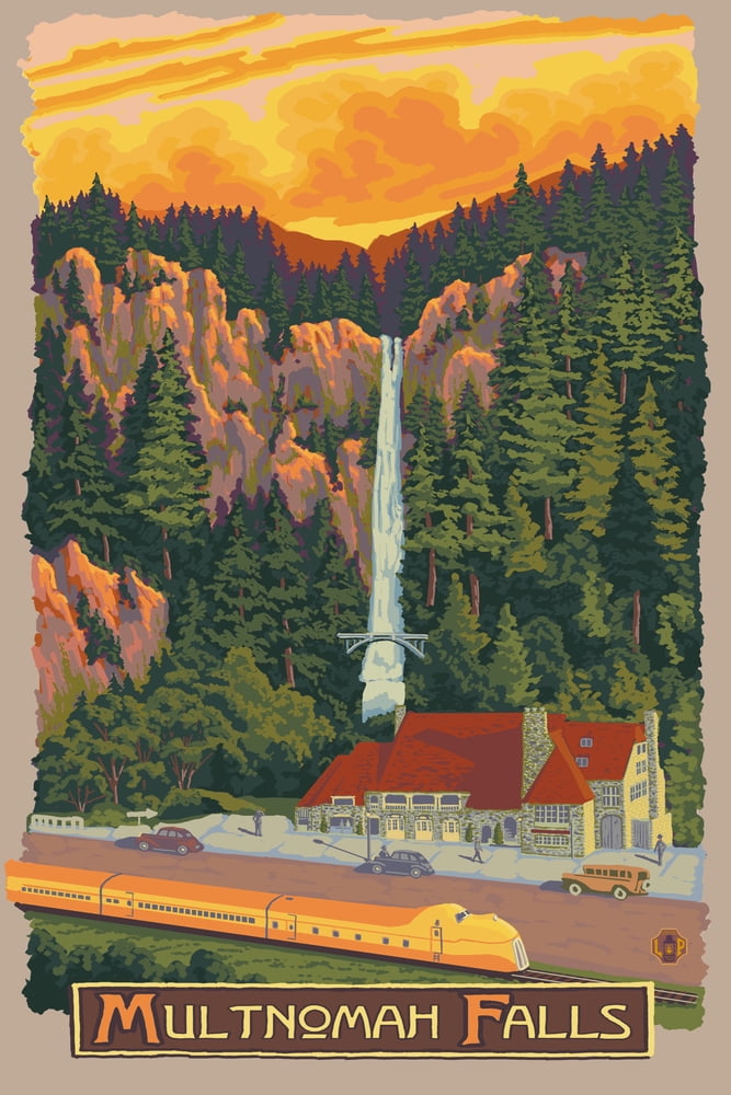 Multnomah Falls View with Train (16x24 Giclee Gallery Art Print, Vivid ...