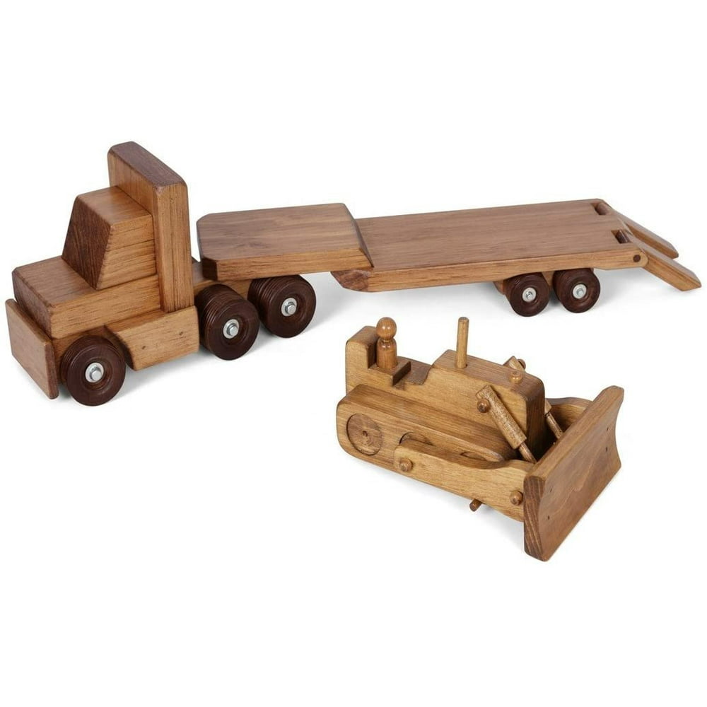 Amish-Made Large Wooden Toy Truck & Low Boy Flatbed Trailer with ...