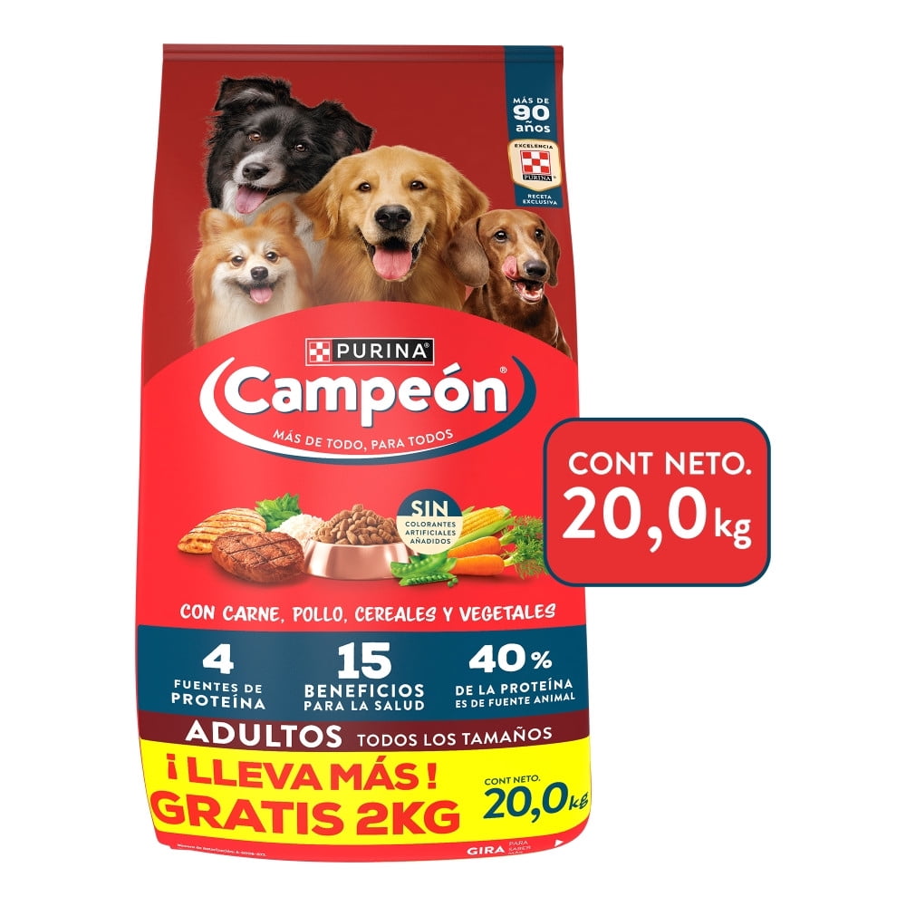 Campeón Purina alimento para perros adultos todo tamaño carne 18kg +2kg gratis | Walmart en línea