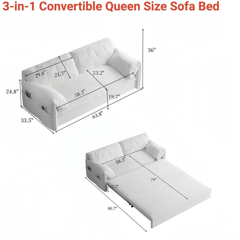 Tabaray 63.8 Futon Sofa Bed Queen Size Pull Out Bed 3 in 1 Convertible Sleeper Sofa with Side Pocket Modern Plush Velvet Futon Couch for Living
