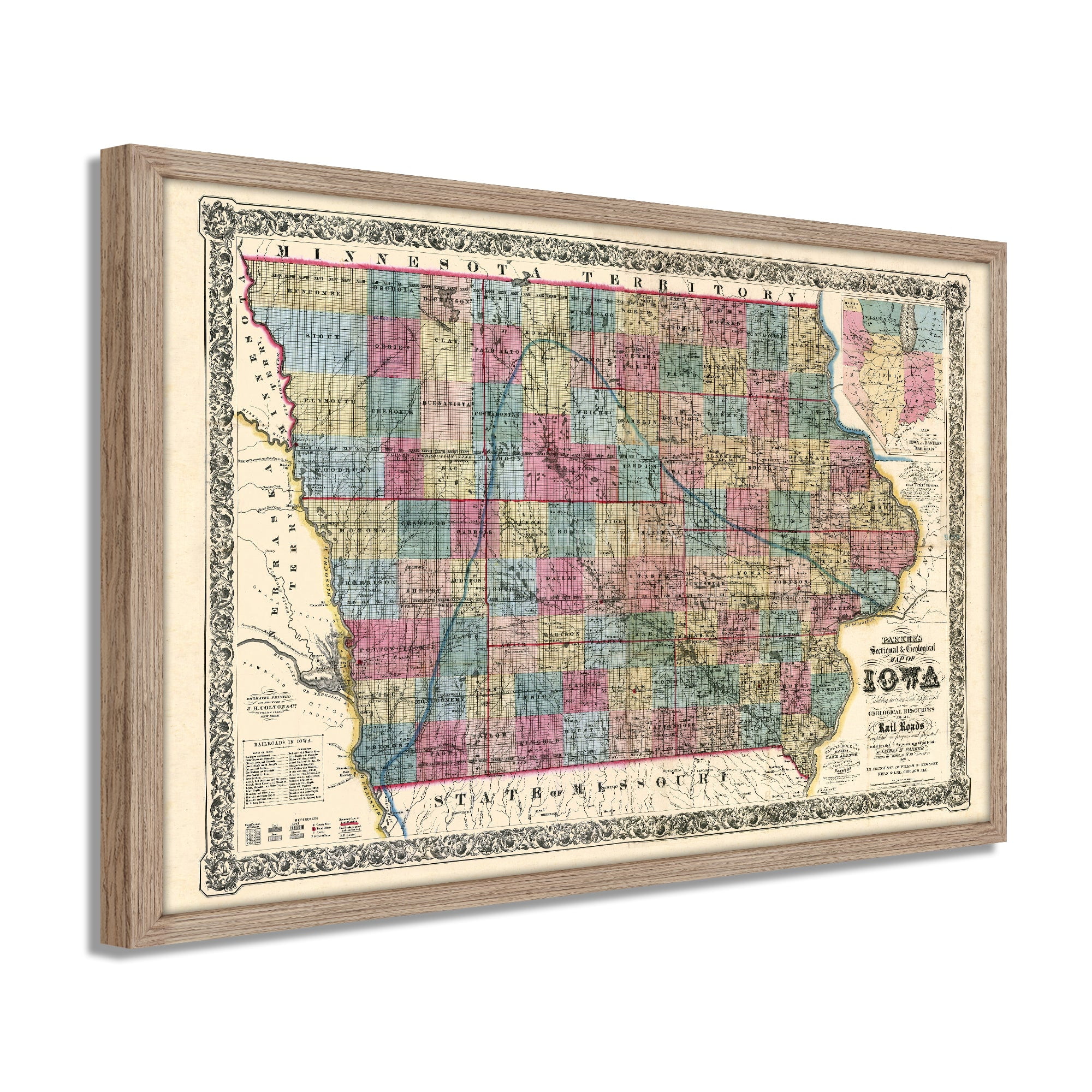 1856 Iowa Map - Framed Vintage Iowa State Map - Old State of Iowa Map ...