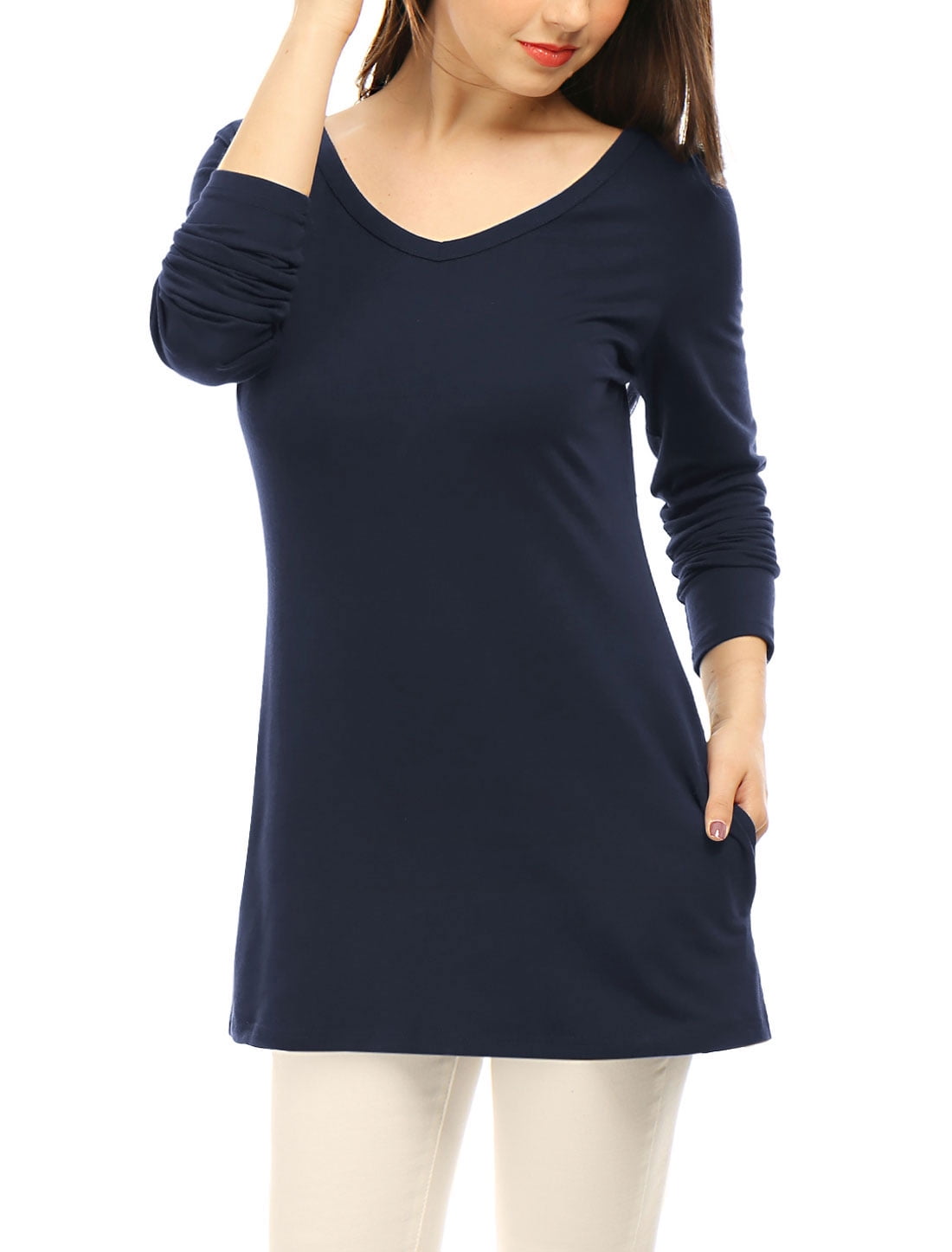 Unique Bargains Women's V Neck Long Sleeves Side Split Tunic Top w ...