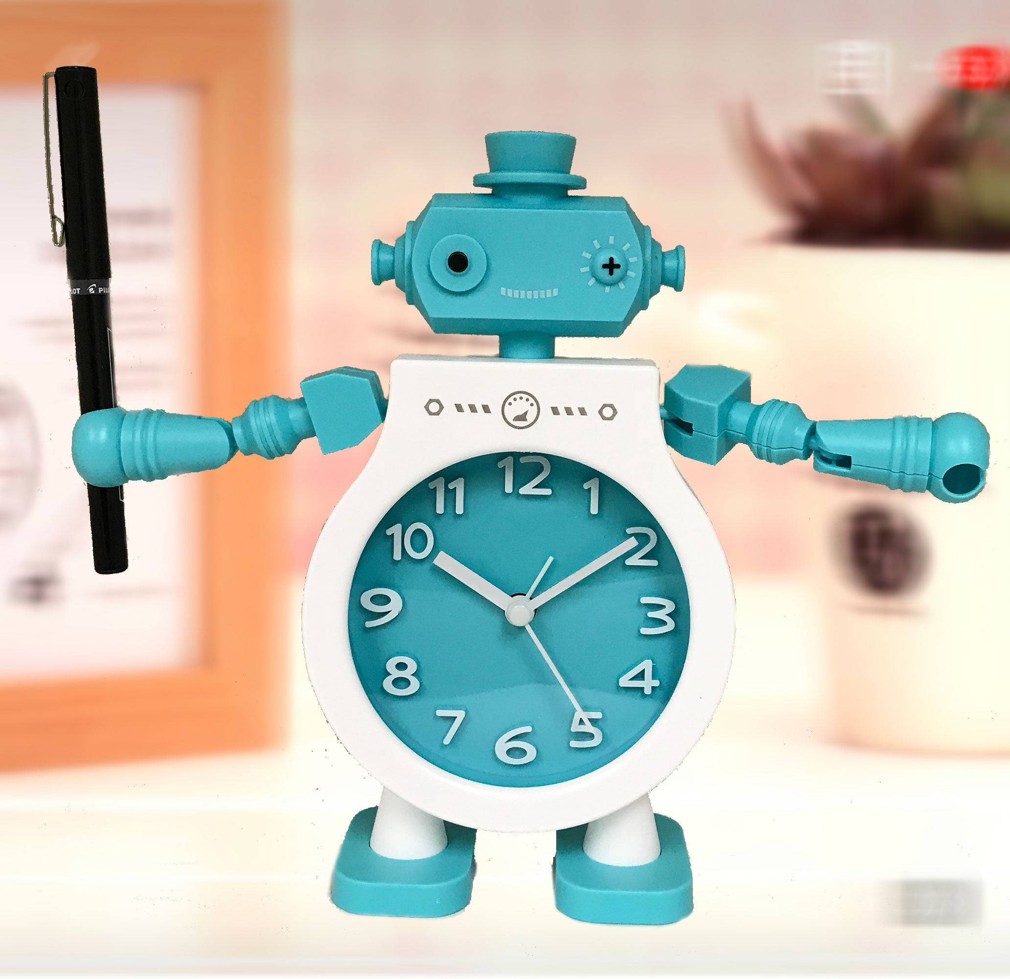 Desk-top Robot Clock for kids' room with adjustable moving arms. Set on ...