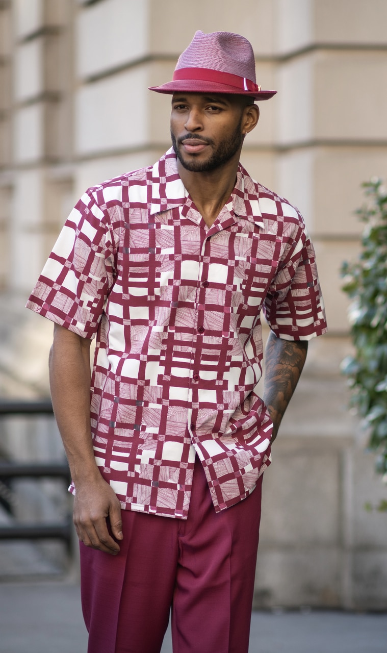 Men's 2 Piece Short Sleeve Walking Suit Windowpane Pattern in Raspberry ...