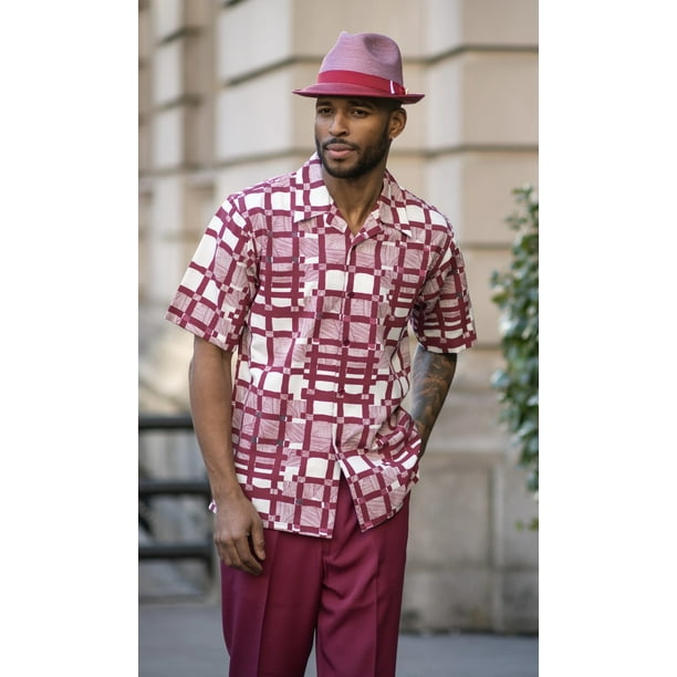 Men's 2 Piece Short Sleeve Walking Suit Windowpane Pattern in Raspberry ...