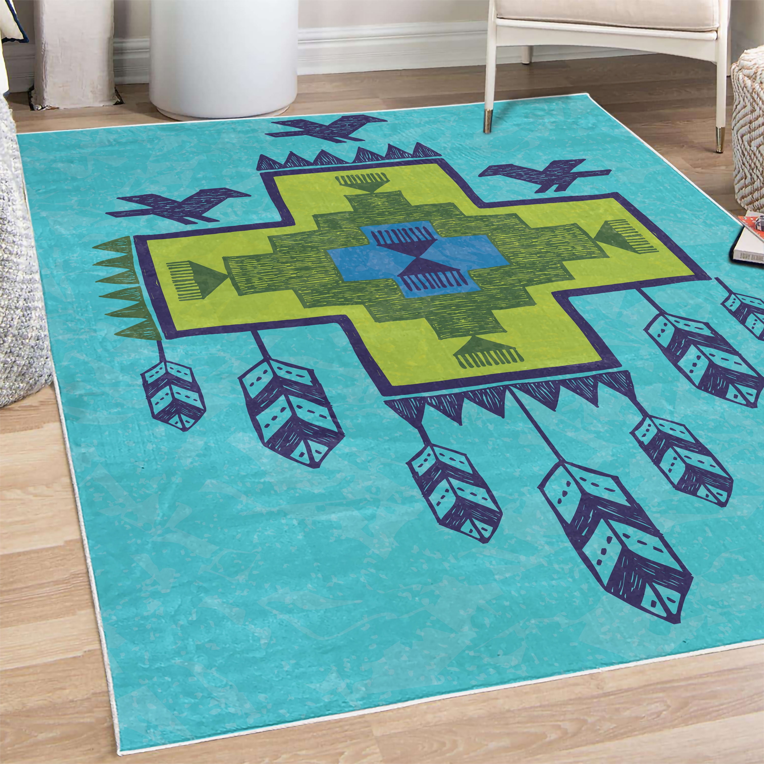 Tribal Decorative Rug, Hand Drawn Dreamcathcher Folkloric Birds Image ...