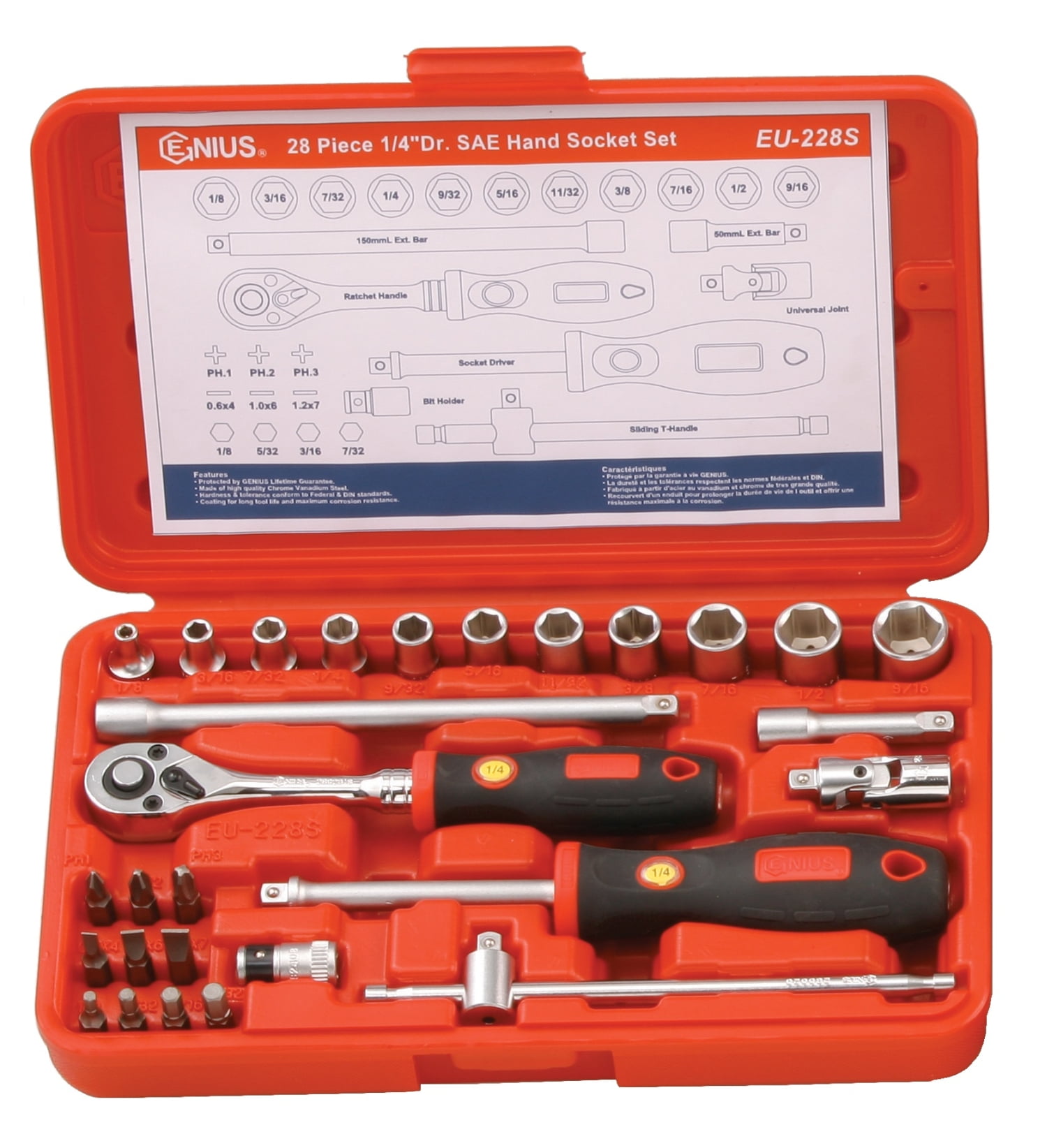 Genius Tools 28 Piece 1/4" Dr. SAE Hand Socket Set - EU-228S - Walmart.com