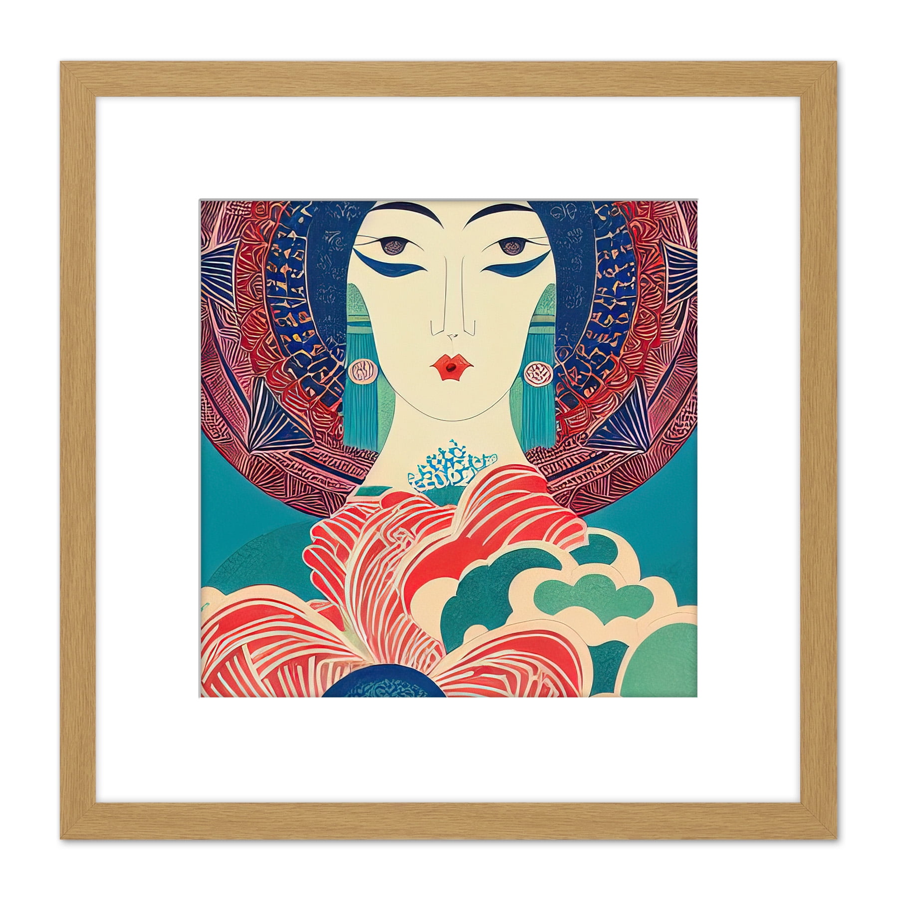 Geisha Art Deco Portrait Blue Pink Red Pattern Linocut Illustration ...