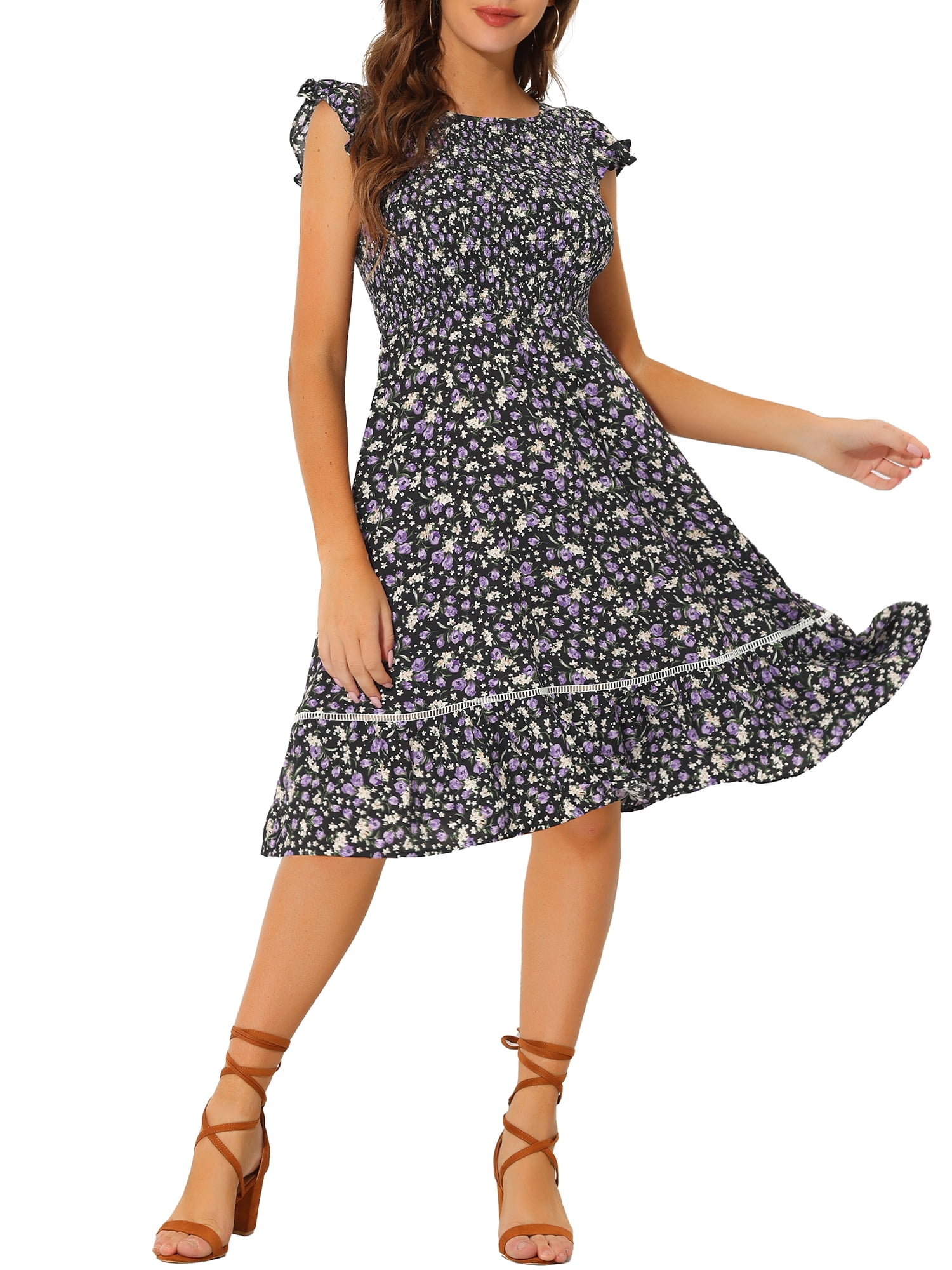Allegra K Women's Summer Sundresses Floral Smocked Fit and Flare Midi ...