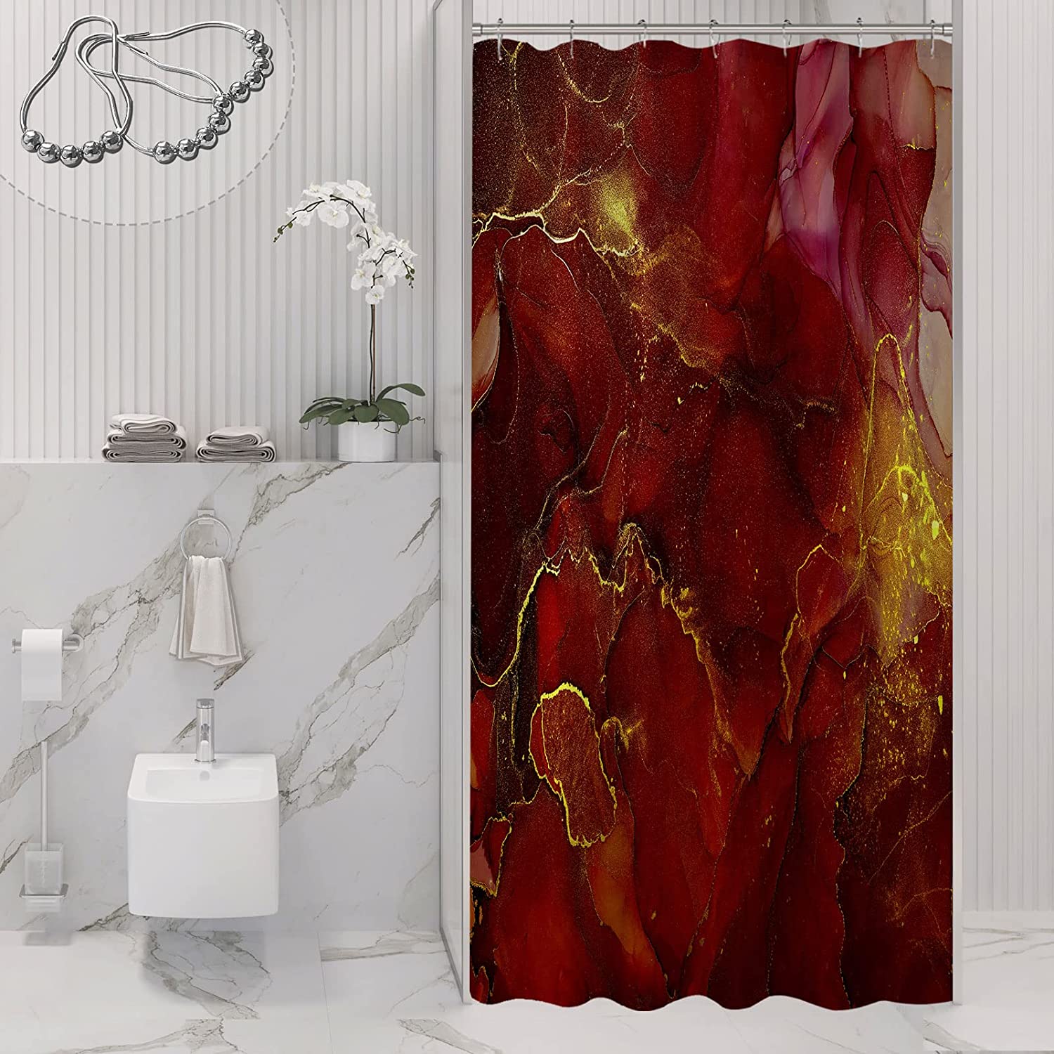Small Stall Shower Curtain 36 x 72, Narrow Half Abstract Burgundy Red Marble Shower Curtain ...