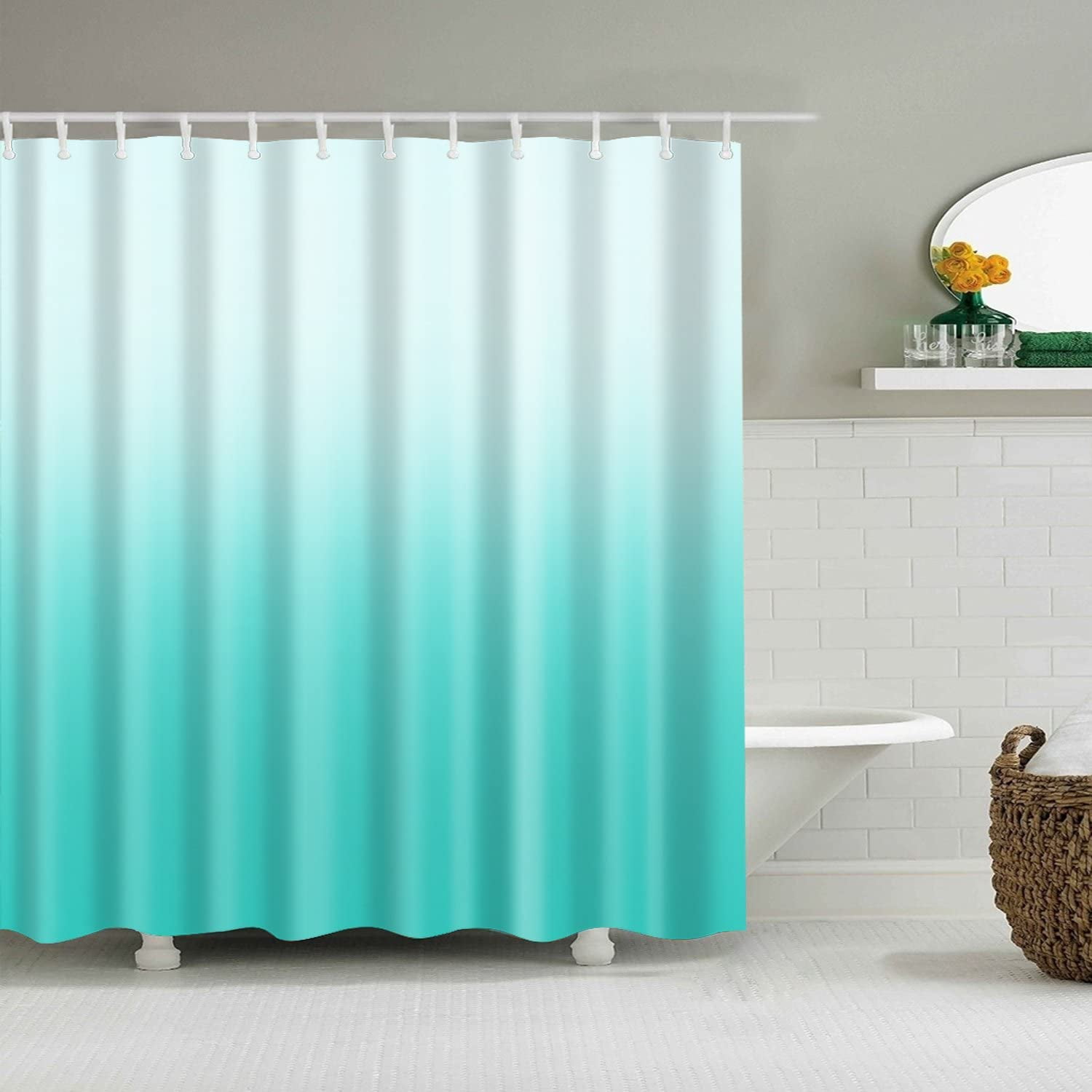 Aqua Shower Curtain Gradual Color Ombre 72x72inch Free Hooks 12-Pack ...