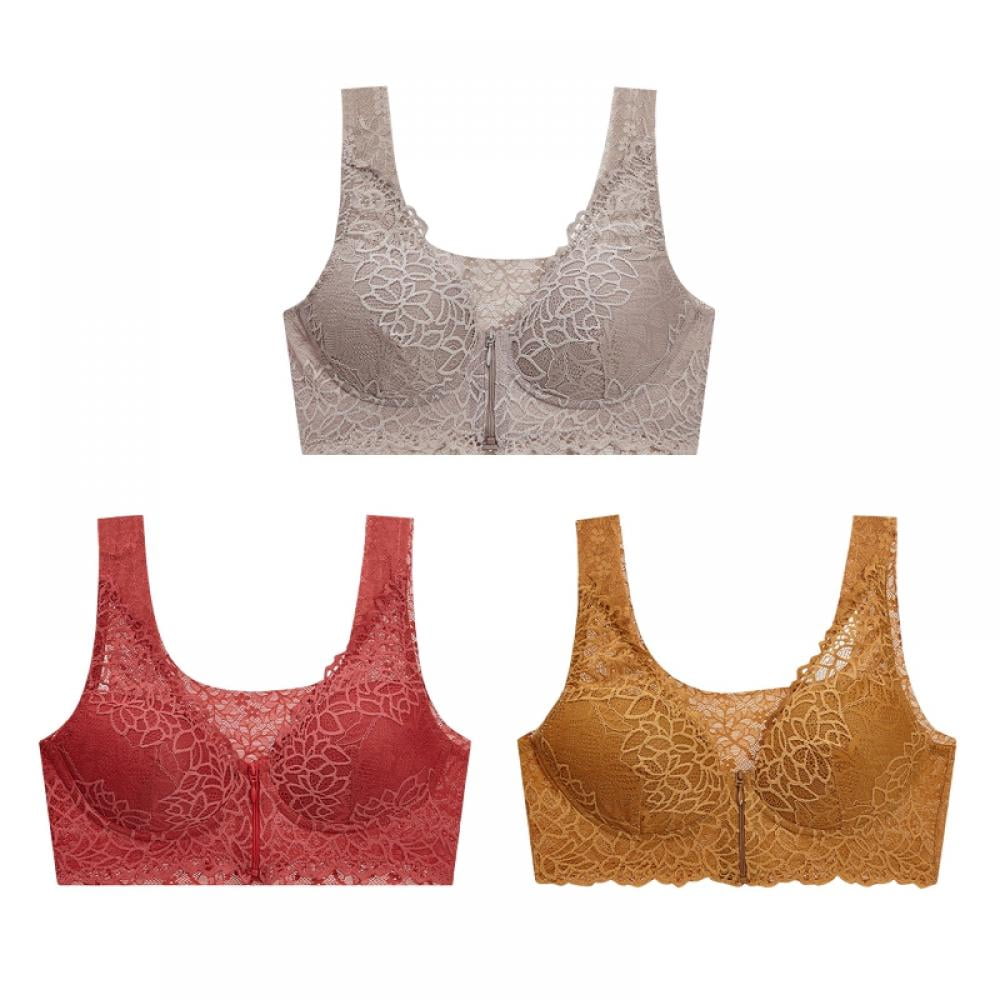 3pcs Women Bra Front Zipper Bra Push Up Lingerie Lace Jacquard Bralette ...
