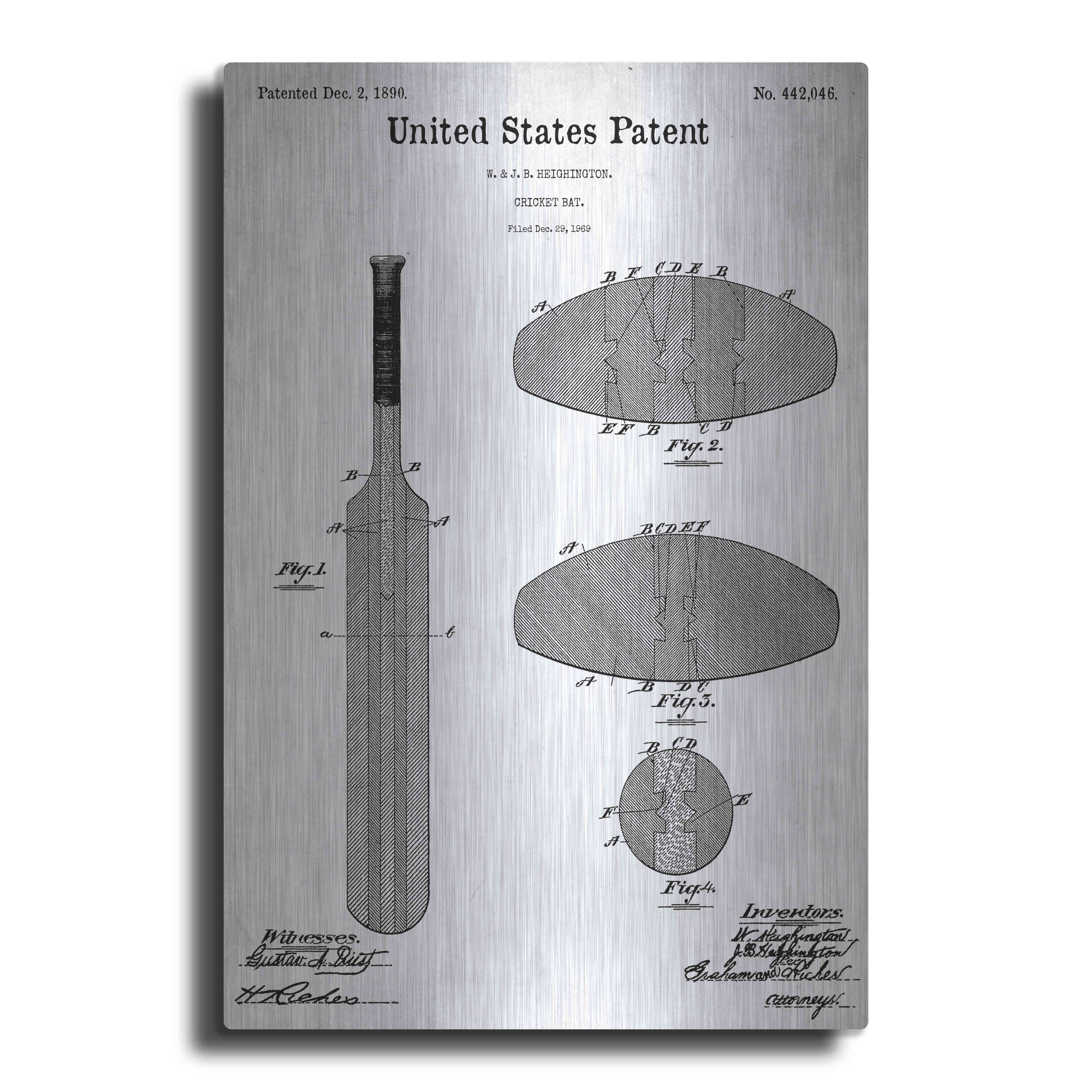 Luxe Metal Art 'Cricket Bat Blueprint Patent White' Acrylic Glass Wall ...