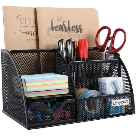 Mesh Desk Organizer Office Supplies Caddy 6 Compartments with Drawer ...