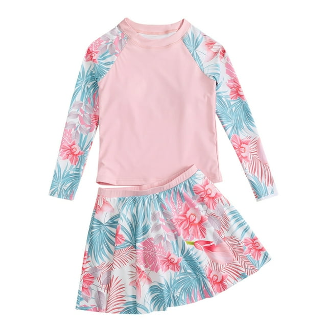 Girls Two Piece Swimsuits Rash Guard Skirt Long Sleeves Beach Dress ...
