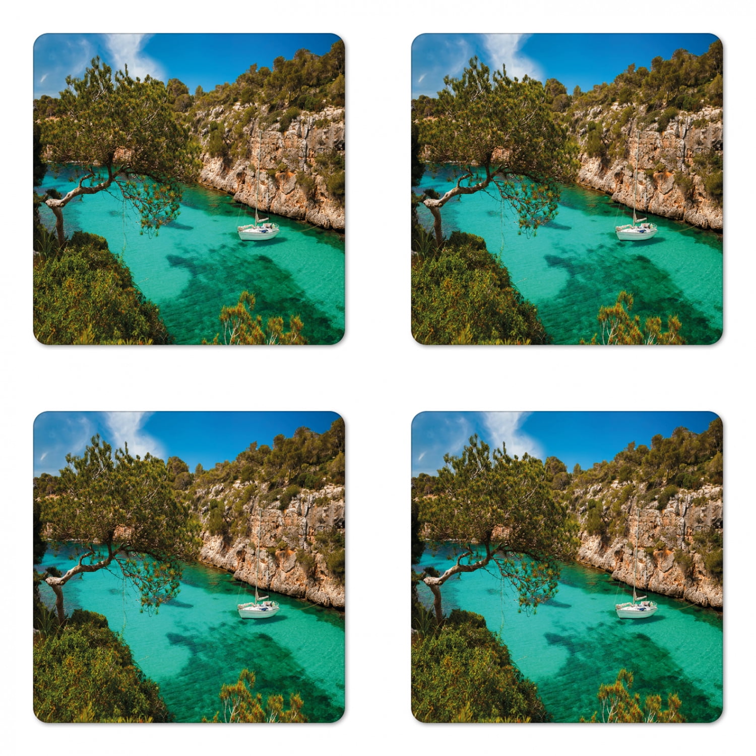 Nature Coaster Set of 4, Small Yacht Floating in Sea Majorca Spain ...