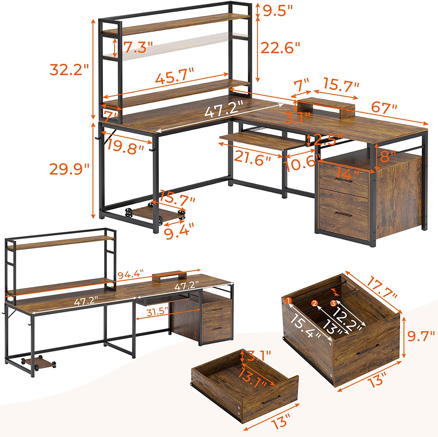 Buy SEDETA L Shaped Desk with Hutch and File Drawers, 94.4 Inches Two ...
