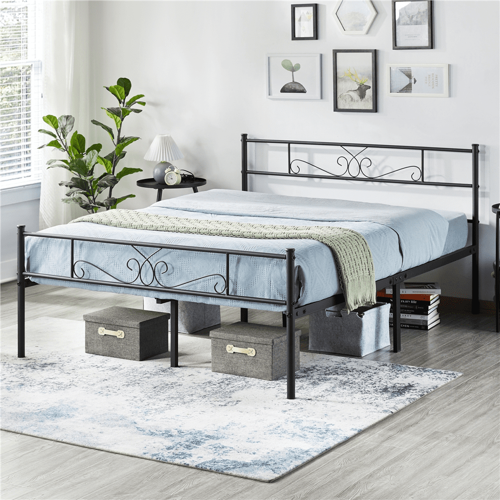 Topeakmart Queen Sized Iron Slat Platform Metal Bed Frame with Scroll ...