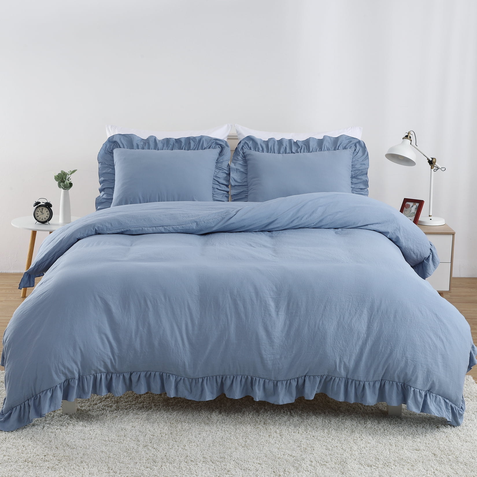 HOMERRY 3Pcs Queen Size Blue Ruffle Duvet Cover Soft Washed Microfiber ...