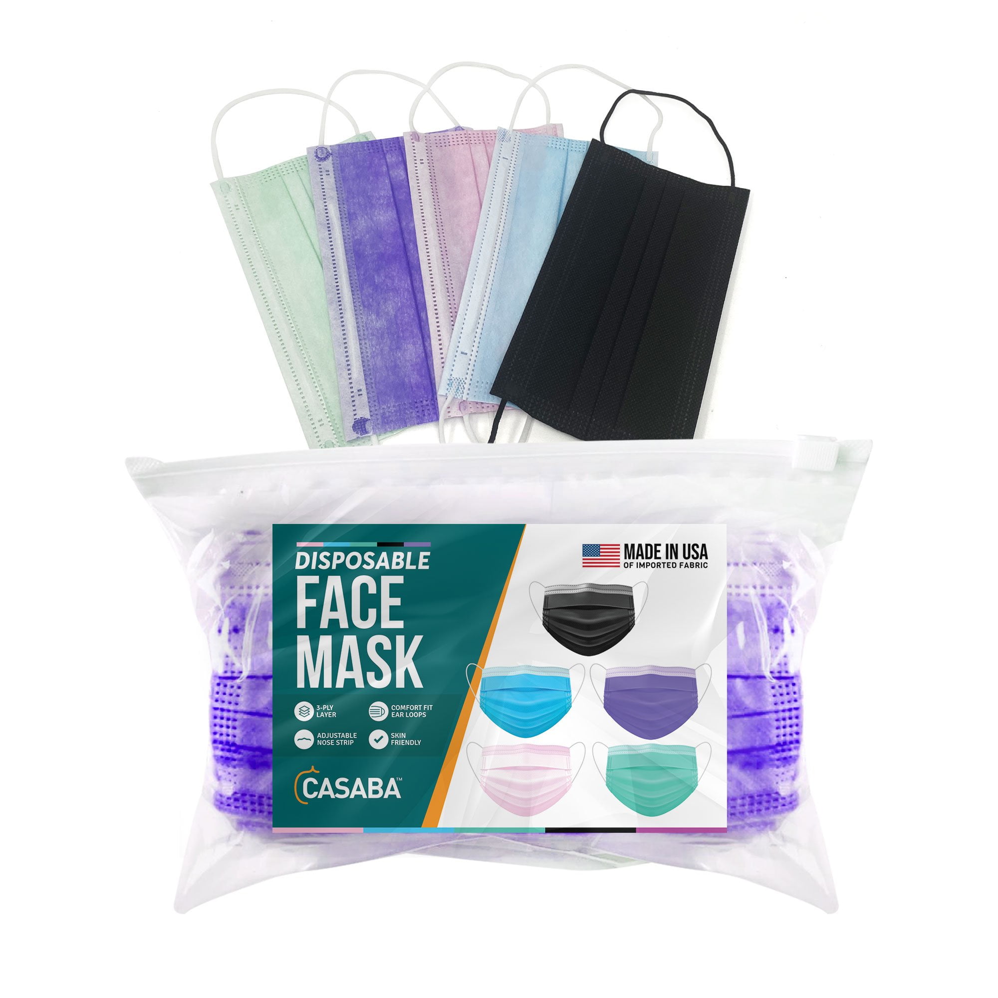 Casaba 50 Pack with 5 Colors Disposable Face Masks 3-Ply - Made in USA ...