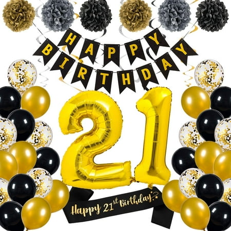 e 48pcs 21st Birthday Decorations Kit Black and Gold 21st Birthday ...