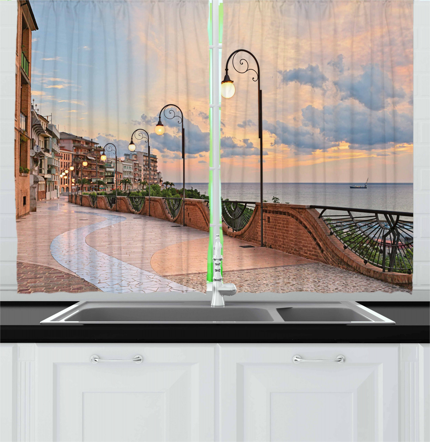 Italian Curtains 2 Panels Set, Dawn at Ortona Abruzzo Italy Terrace ...