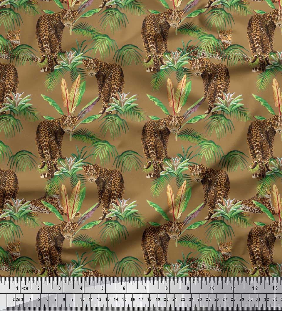 Soimoi Satin Silk Fabric Leaves & Leopard Jungle Print Fabric by Yard ...