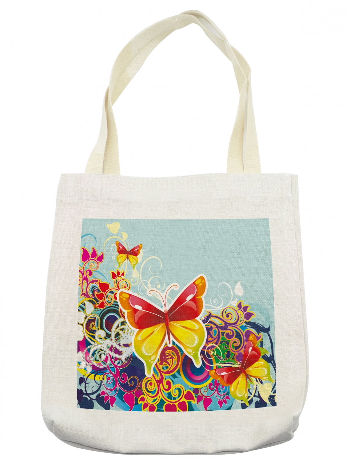 Colorful Tote Bag, Butterflies and Floral Ornamanets Fantasy Design ...