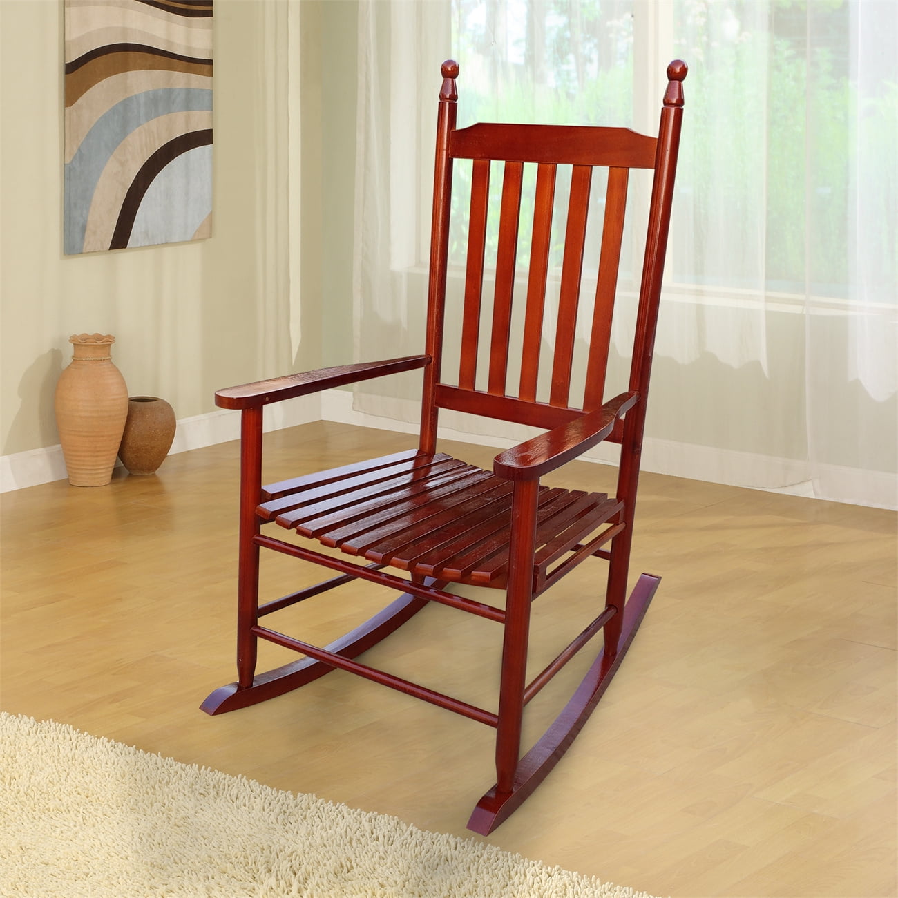 Outdoor Porch Rocker Chair, Wooden Rocking Chair with Slatted Backrest ...