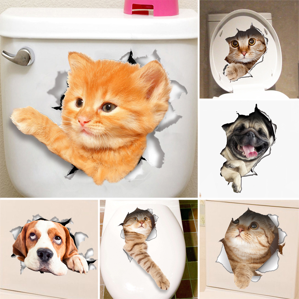 Walbest Cute Cat Dog Pattern Toilet Lid Cover Decal Wall Art Sticker ...