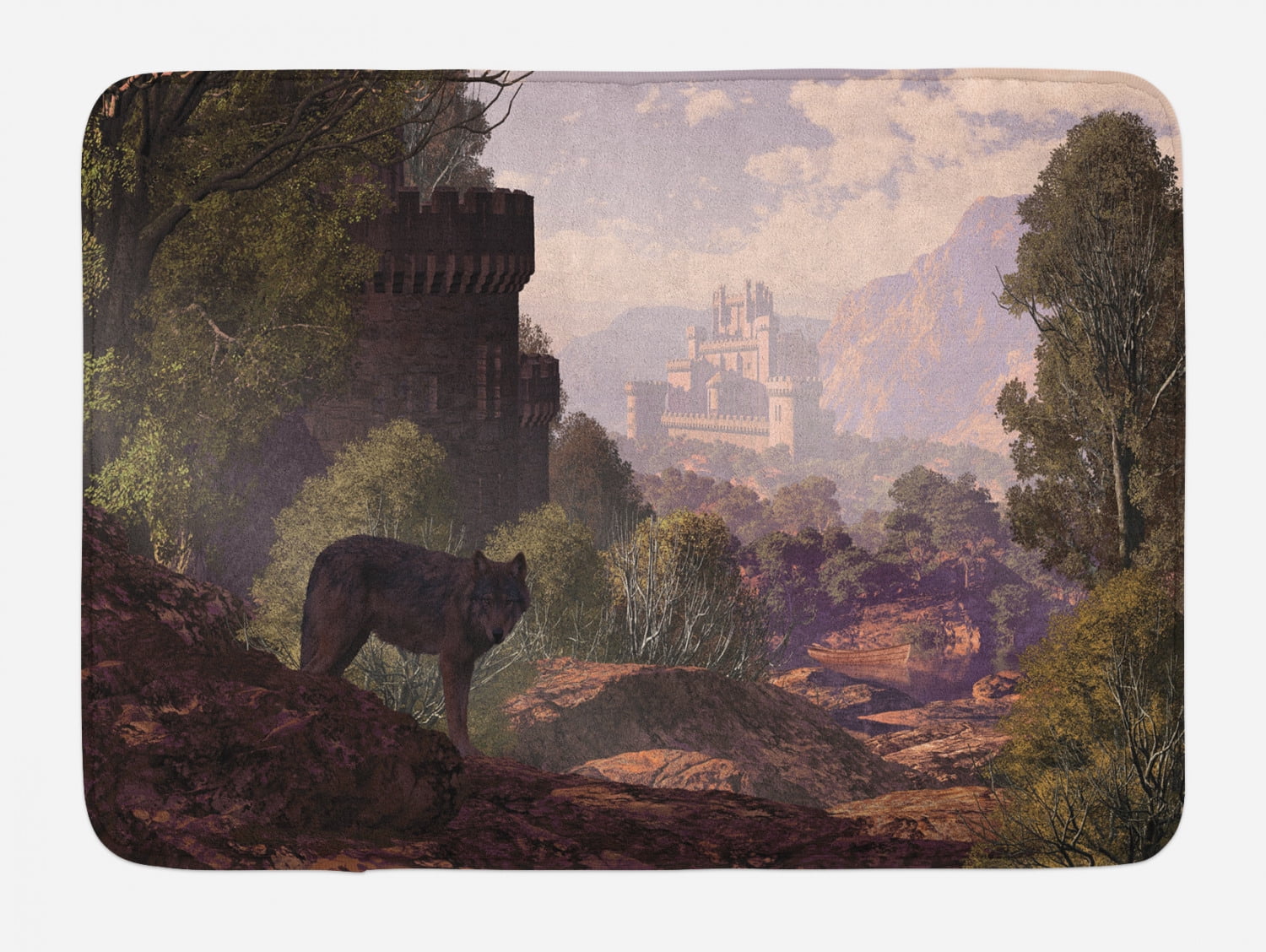 Woodland Bath Mat, Wolf Coming out of the Woods Gothic Castle Lake Boat ...