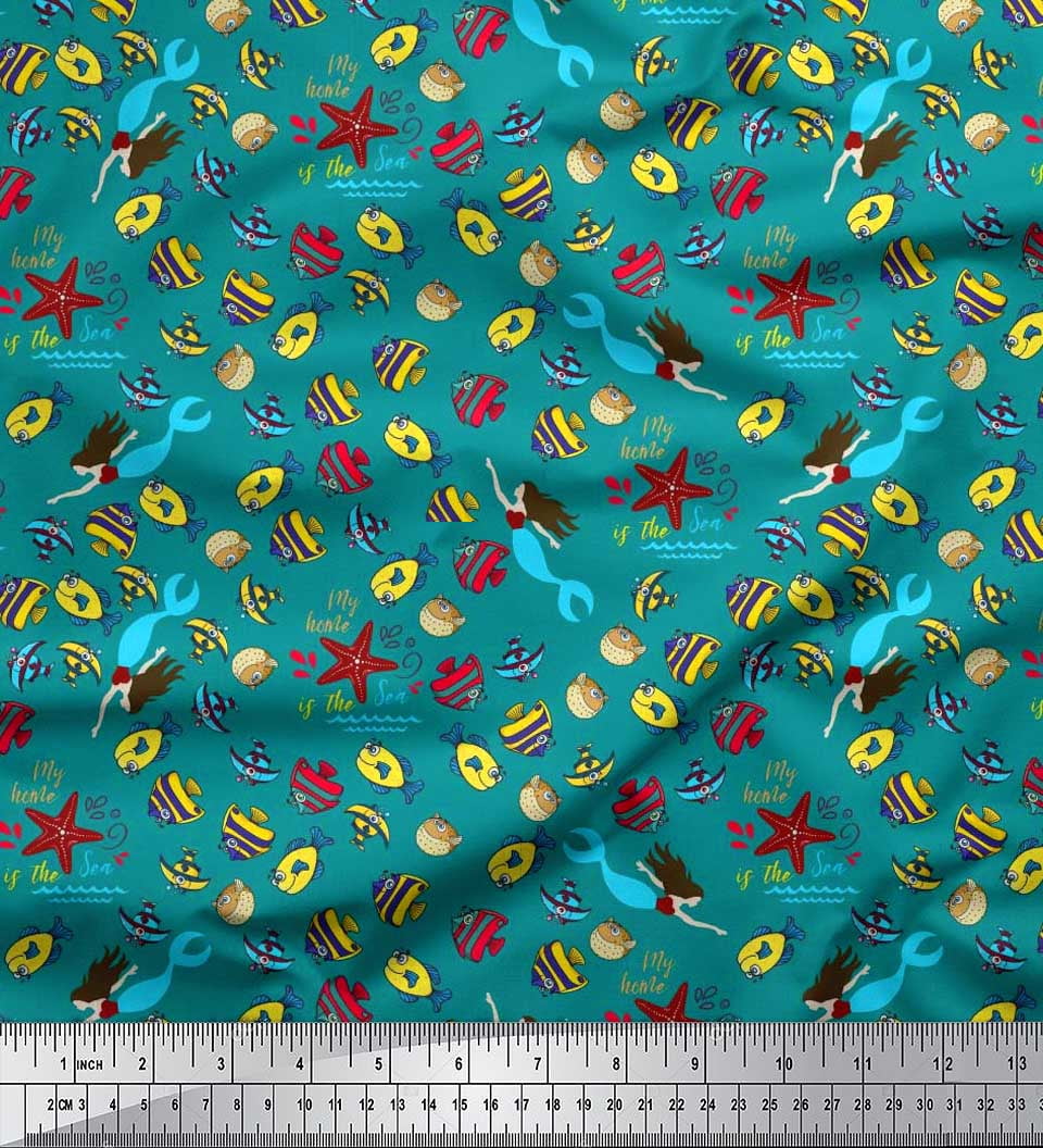 Soimoi Viscose Chiffon Fabric Fish,Mermaid & Starfish Ocean Print ...