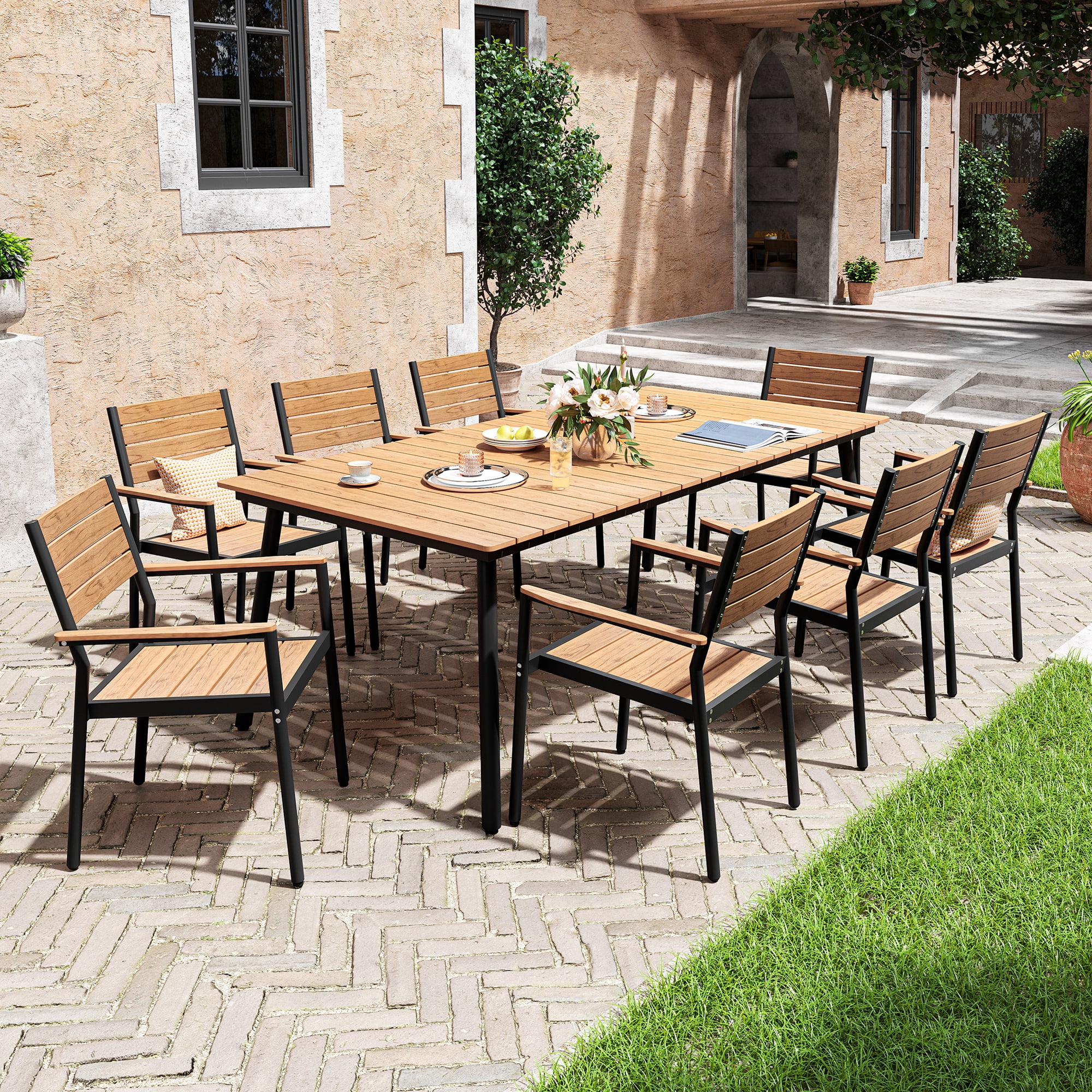Pellebant 9 Pcs Yellow Patio Set 8 Arm Chairs 1 Table with Umbrella ...