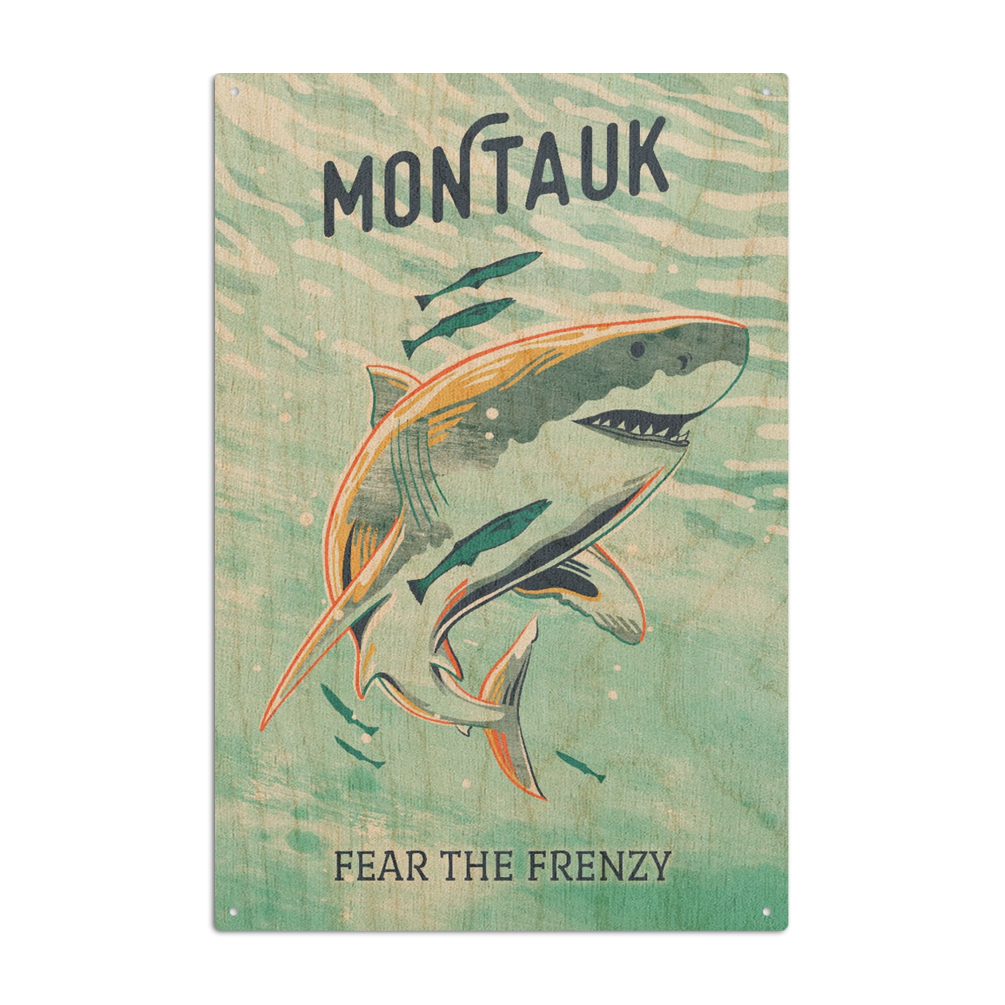 Montauk, New York, Graphic Pastel, Great White Shark Birch Wood Wall ...