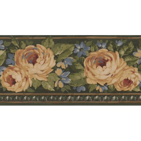 Bloomed Yellow Roses Green Floral Wallpaper Border Retro Design, Roll ...