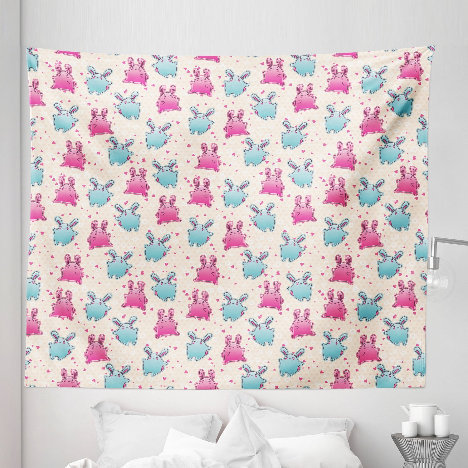 Kawaii Tapestry, Pattern with Doodles Cartoon Funny Characters Little ...