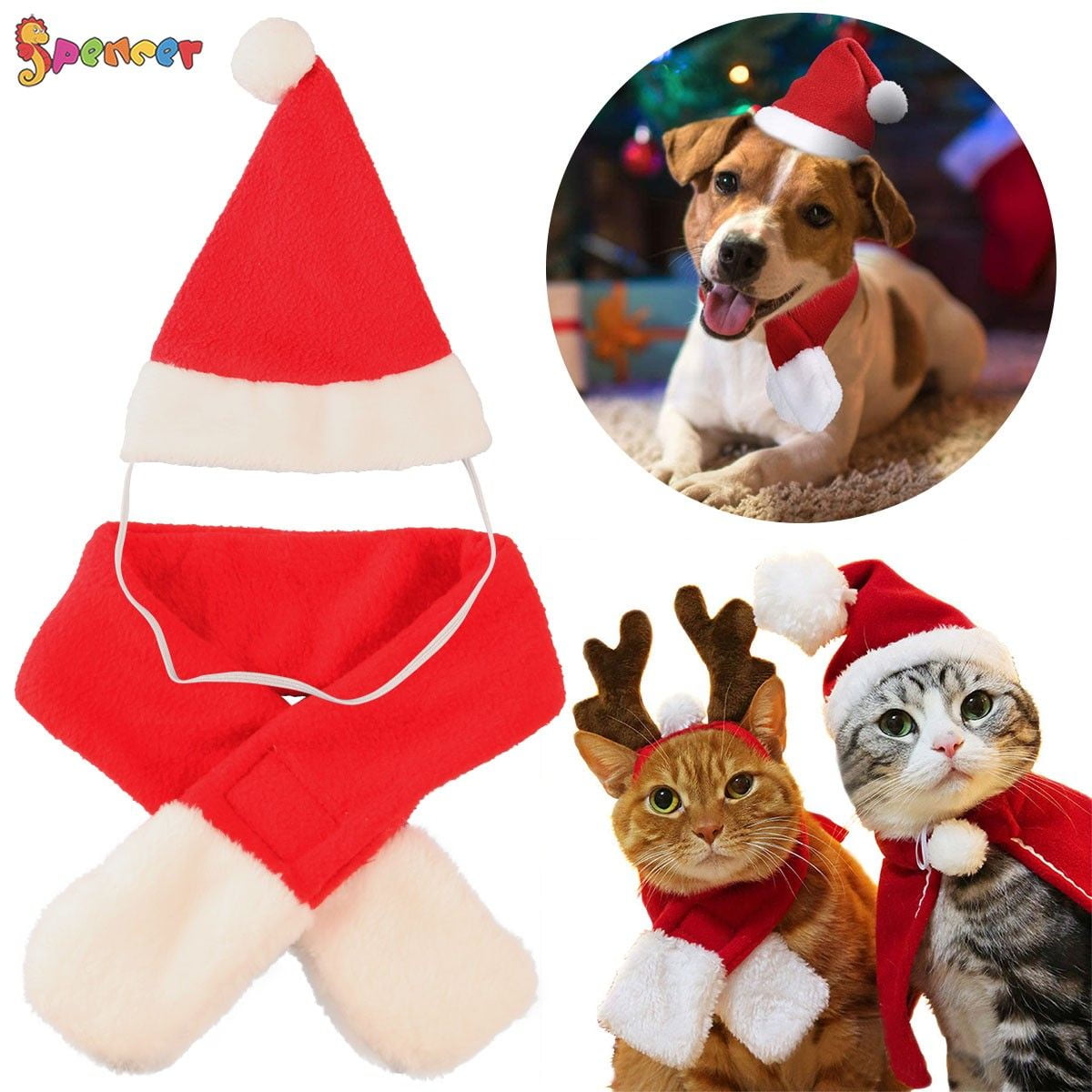 Spencer 2Pcs Pet Dog Cat Santa Hat & Red Scarf Set Christmas Outfit Pet ...