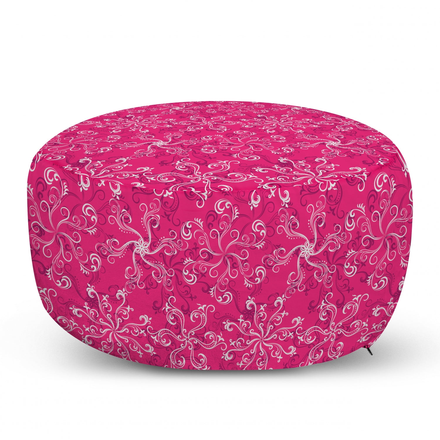 Hot Pink Pouf Cover with Zipper, Floral Arrangement Pattern on Hot Pink ...