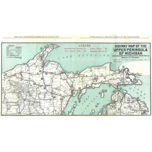 24x44in Laminated Highway Map of The Upper Peninsula of Michigan ...